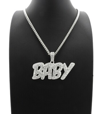 Silver Plated Cubic Zirconia Lil Baby & 24" Box Cuban Rope Brass Chain ...