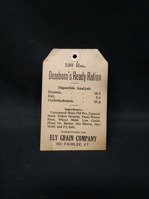 Early 1900s Dearborn's Ready Ration Tag Label ELY GRAIN CO South ...
