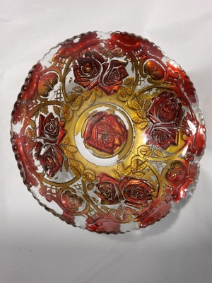 Antique Goofus Glass Bowl Gold and Red Rose Design 9" wide | eBay