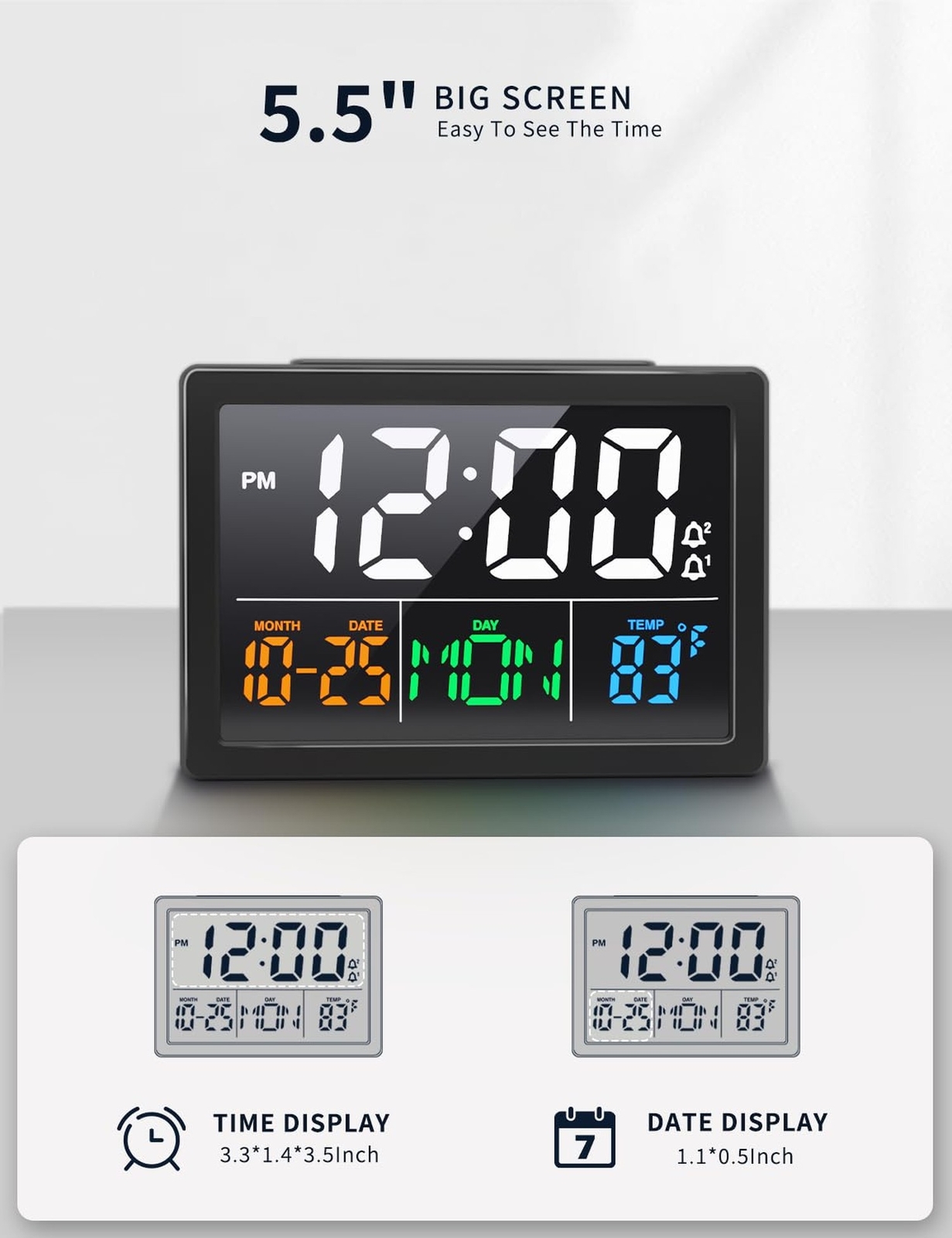 Digital Alarm Clock, with 5.5" Large LED Time Display, Adjustable Alarm ...