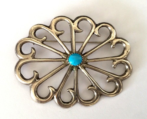 SIGNED MJ VINTAGE NAVAJO NATURAL TURQUOISE STERLING SILVER 925 ORNATE ...
