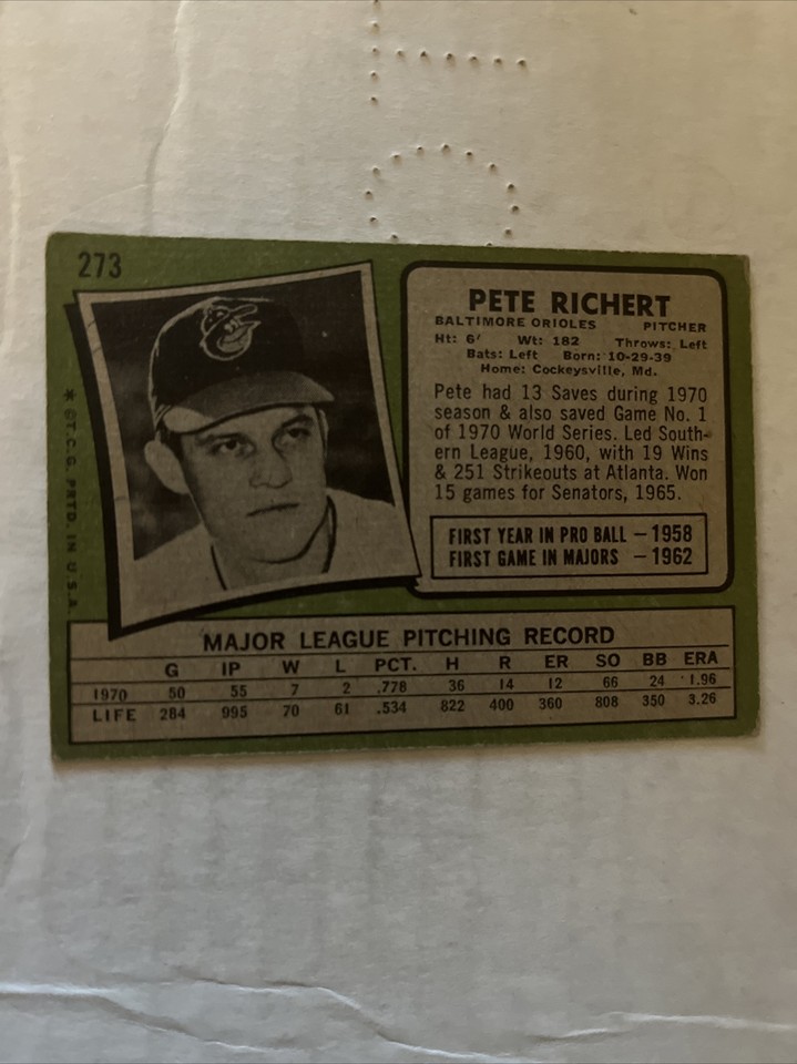 1971 Pete Richert Baltimore Orioles Topps Baseball Card #273 | eBay
