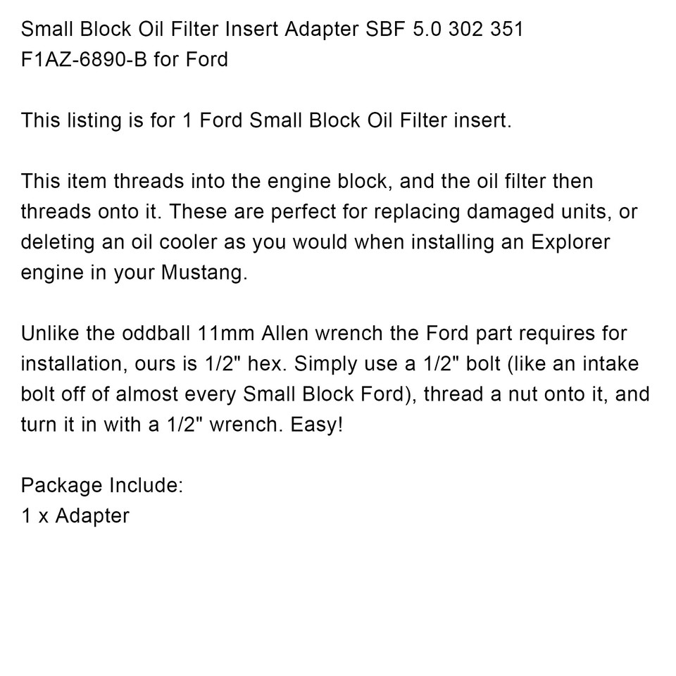 Small Block Oil Filter Insert Adapter SBF 5.0 302 351 F1AZ-6890-B for ...