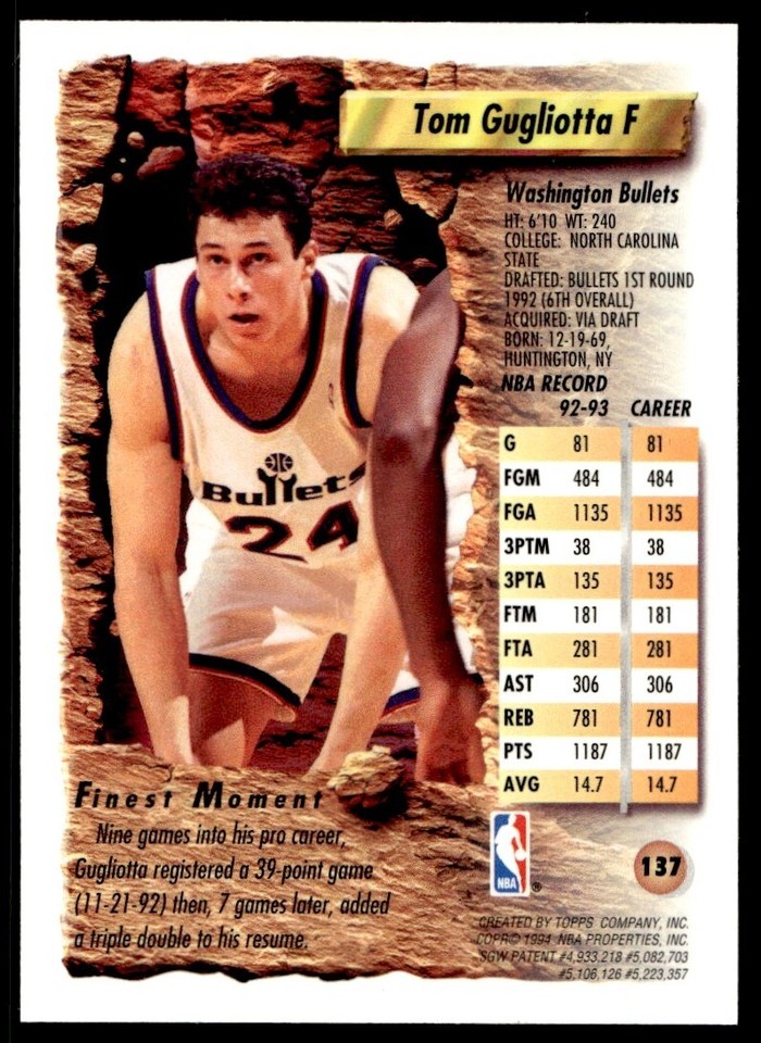 1993-94 Finest Tom Gugliotta A33 Washington Bullets #137 | eBay