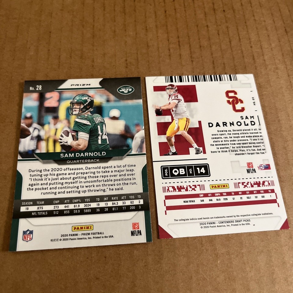 SAM DARNOLD 2020 Prizm ORANGE LASER #28 & Contenders Red #89 Jets Cards ...