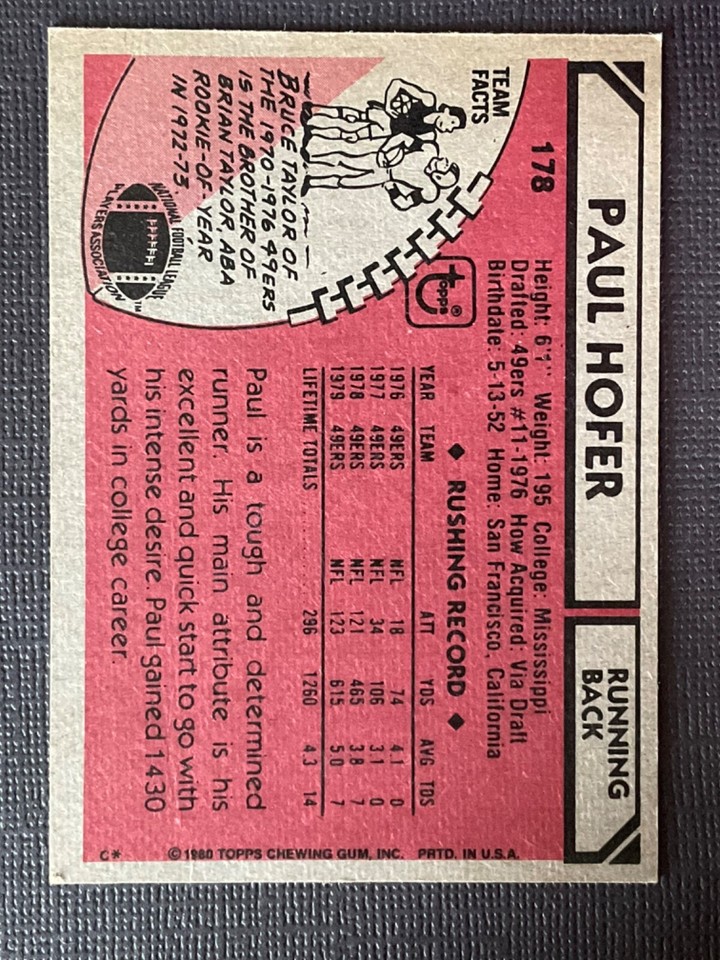 Paul Hofer 1980 Topps Rookie Football Card #178 - San Francisco 49ers ...