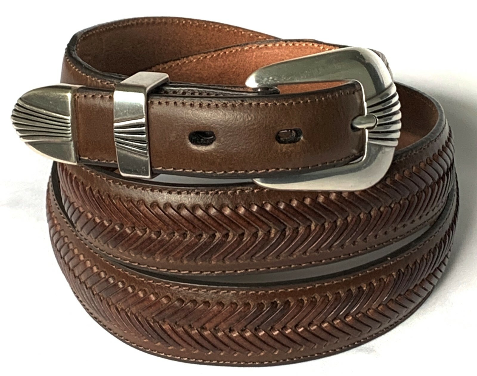 DOUBLE BARREL BELTS 42 Brown Leather Tapered 3pc Buckle Set Hole ...
