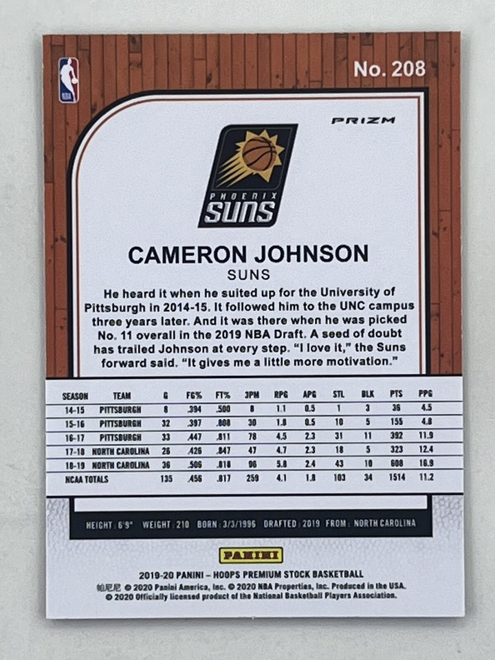 Cameron Johnson 2019-20 Panini NBA Hoops Premium Stock Green RC #208 ...