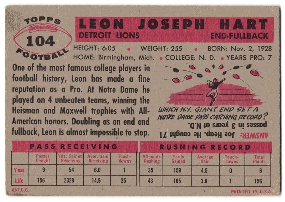 1956 Topps Football #104 Leon Hart - VG/Ex | eBay