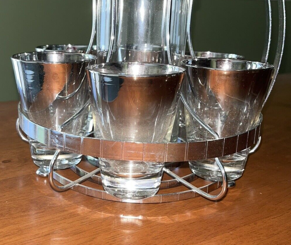 MCM VITREON QUEENS LUSTER SILVER FADE COCKTAIL SET BARWARE CHROME CADDY ...