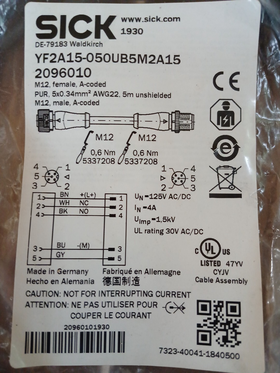 SICK YF2A15-050UB5M2A15 Cord Set 2096010 Connection Cable M12, 5m ...