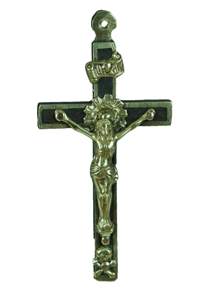 19Thc Antique French Pectoral Cross Bronze & Ebony Srull Sacred Heart ...