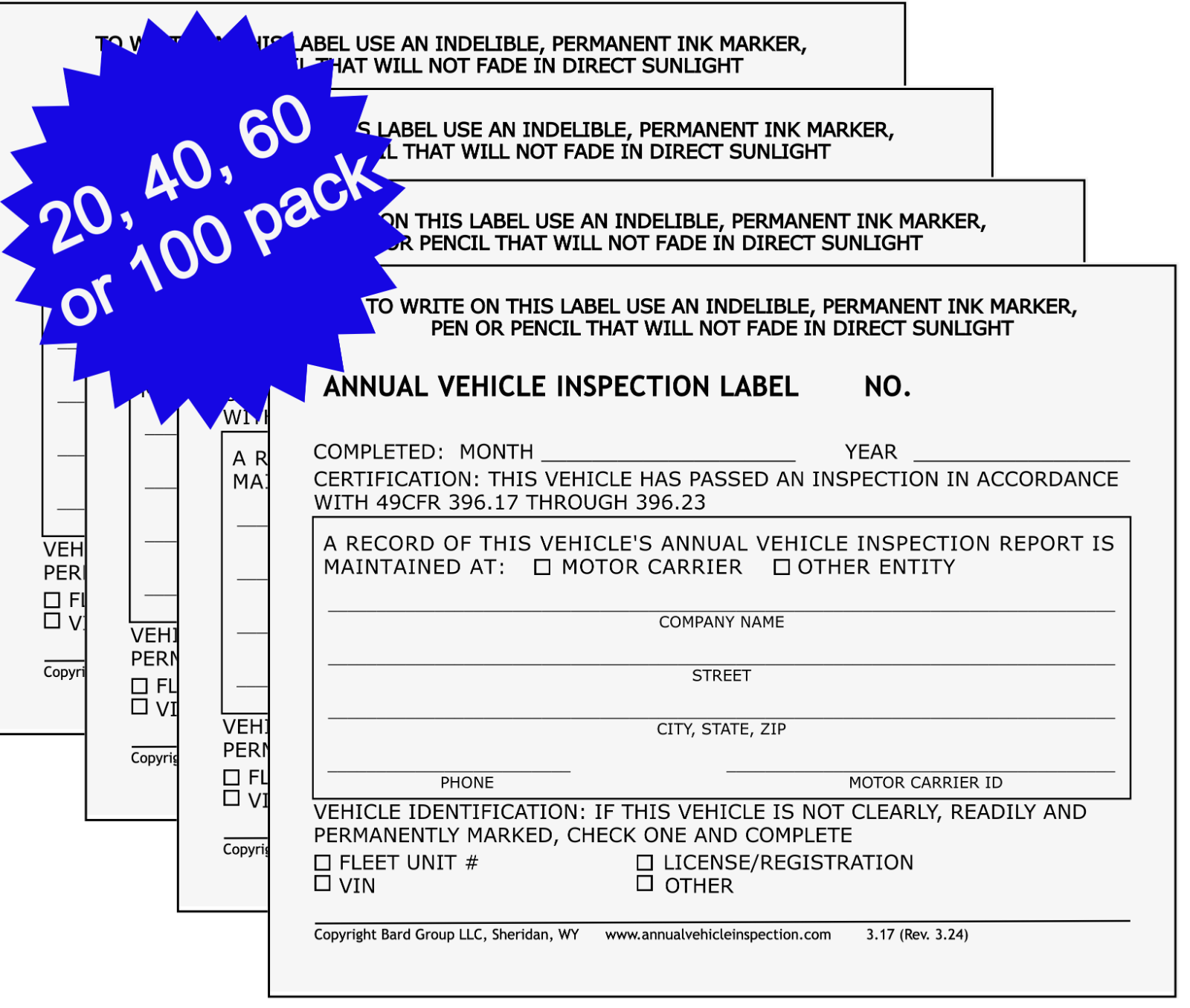 Annual Vehicle Inspection Label Interior 2-Ply Sticker. 20, 40, 60 or ...
