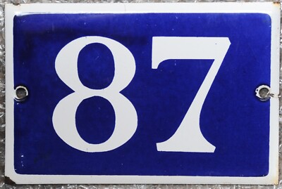 Old blue French house number 87 door gate plate steel enamel plaque ...