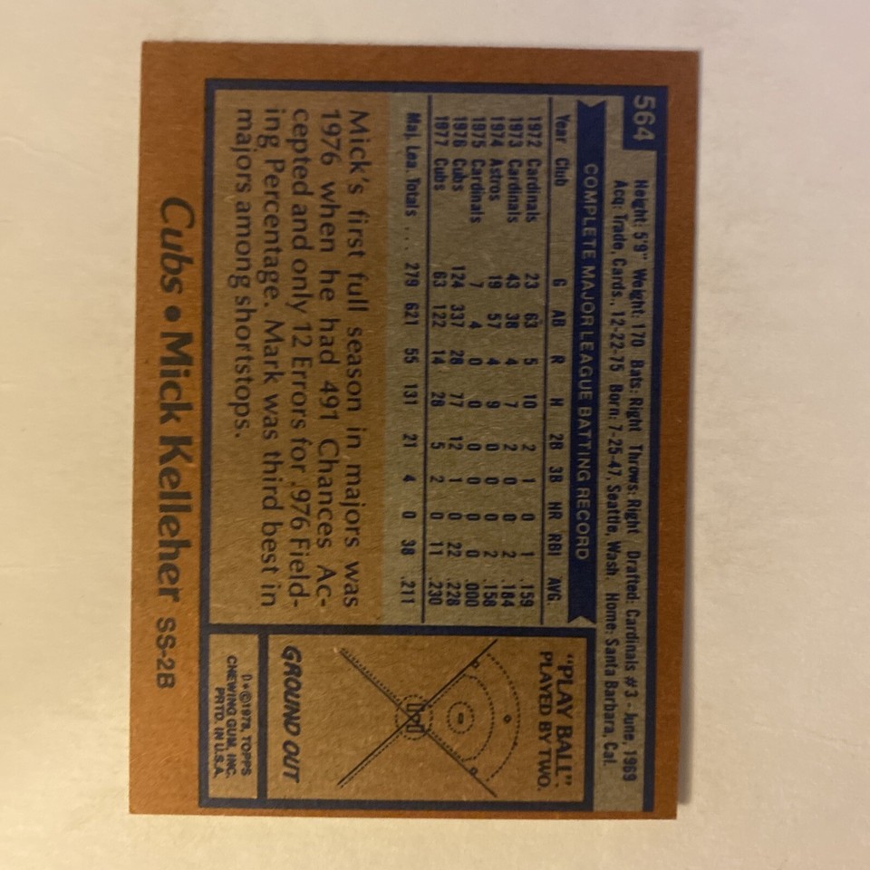 1978 Topps Baseball Mick Kelleher Chicago Cubs Card #564 | eBay