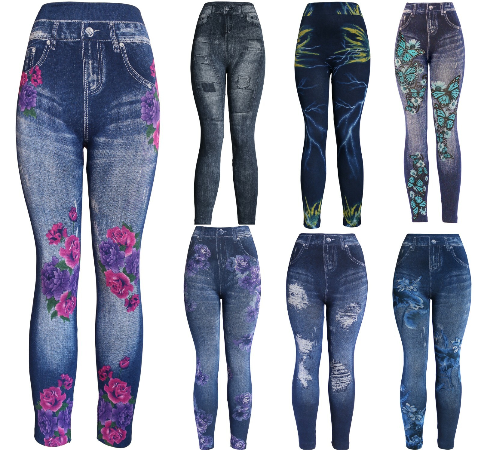 High Waist Women's Denim Print Fake Faux Jeans Leggings Pants | eBay