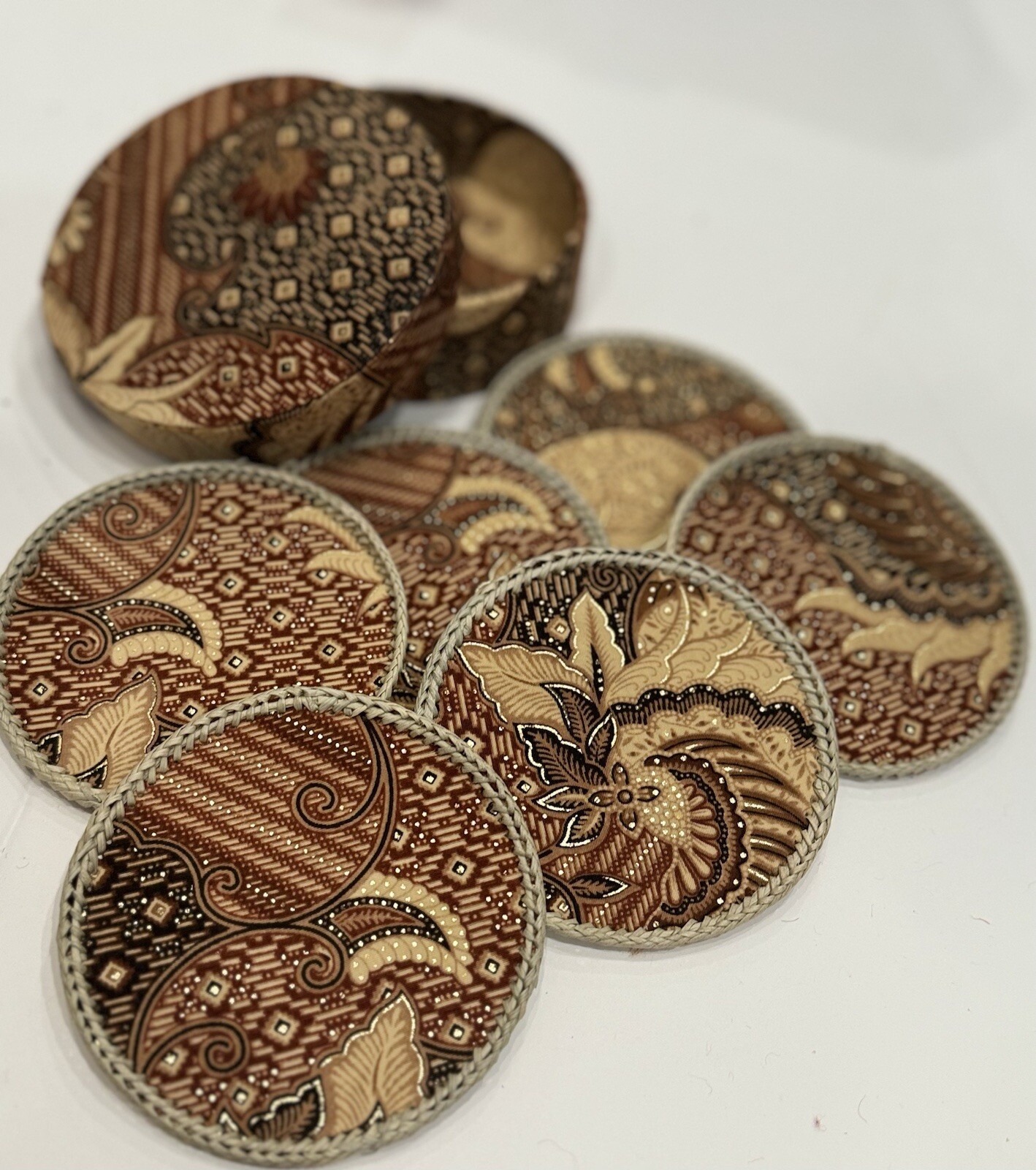 Fabric Rattan Wicker Coaster Set (6) Batik Boho Tiki Rattan Fabric ...