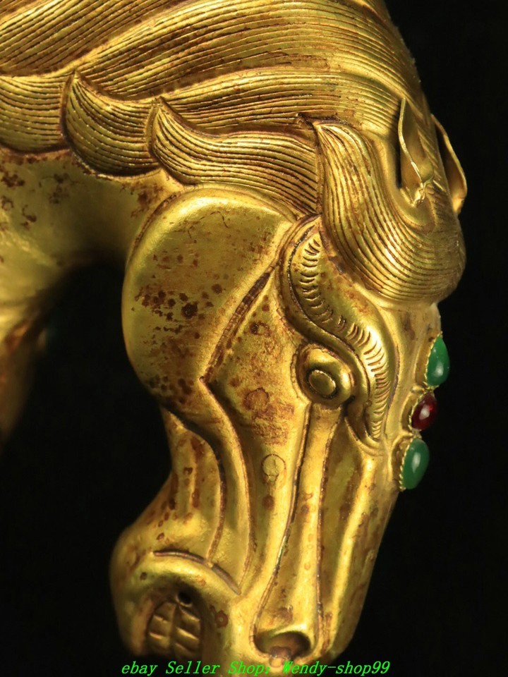 Old Tang Dynasty Copper Gold Inlay Gems Feng Shui Horses Animal Statue ...