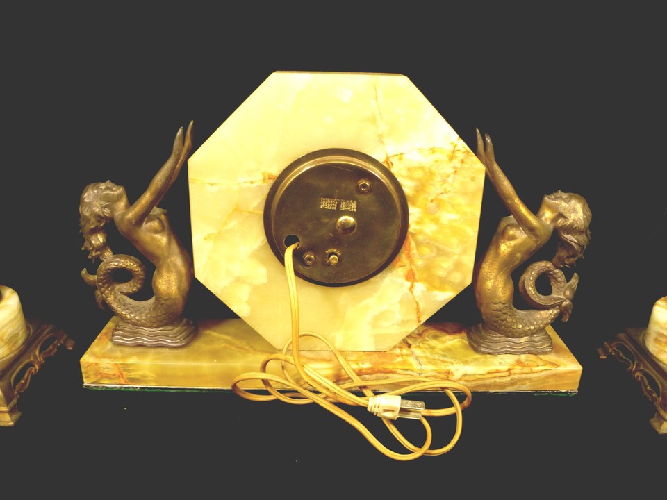ART DECO SESSIONS ONYX MERMAID MANTEL CLOCK SET WITH GARNITURES – CIRCA ...