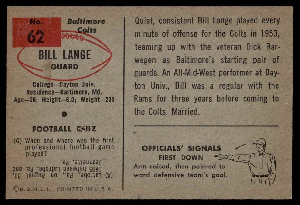 1954 Bowman Bill Lange Baltimore Colts #62 C88 | eBay