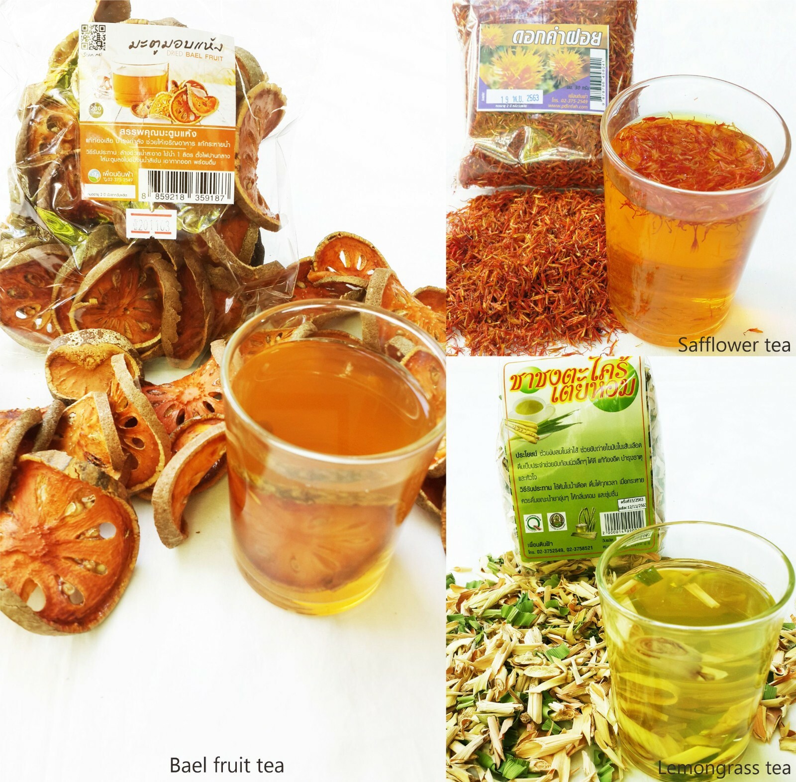 3 Thai herbal teas favorite - Bael Fruit Tea, Safflower tea, Lemongrass ...