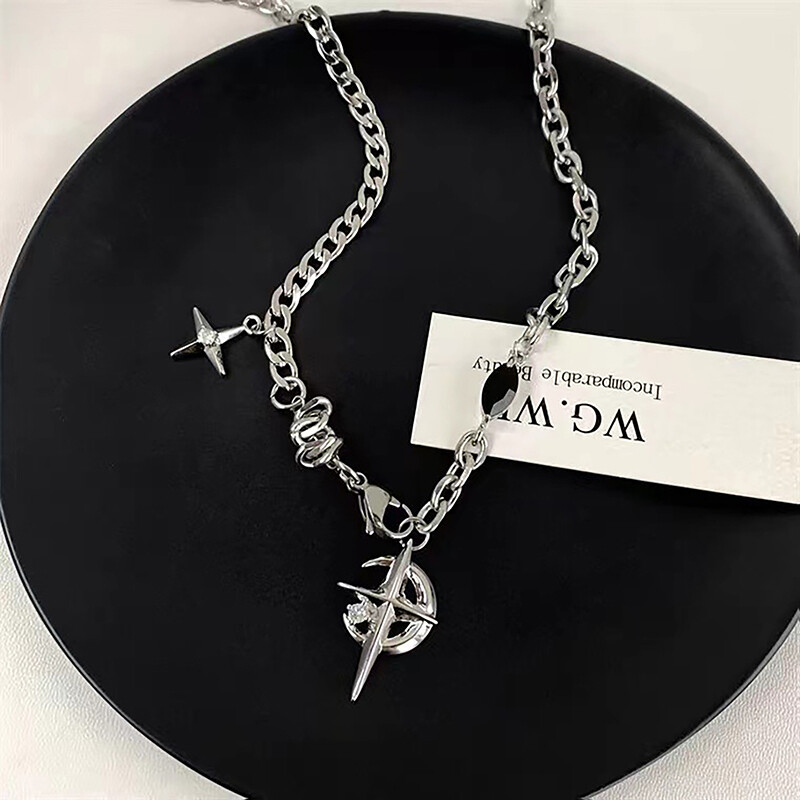 Y2K Cuban Figaro Chain Star Moon Pendant Necklace Punk Black Zircon ...