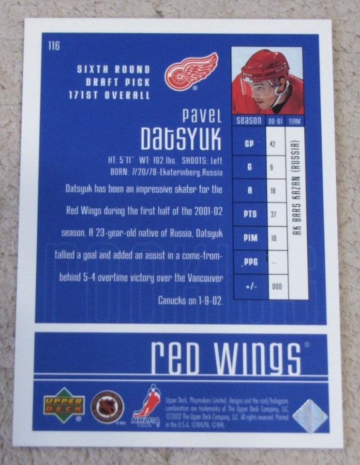 2001-02 UD Playmakers #116 Pavel Datsyuk RC Rookie /1250 | eBay