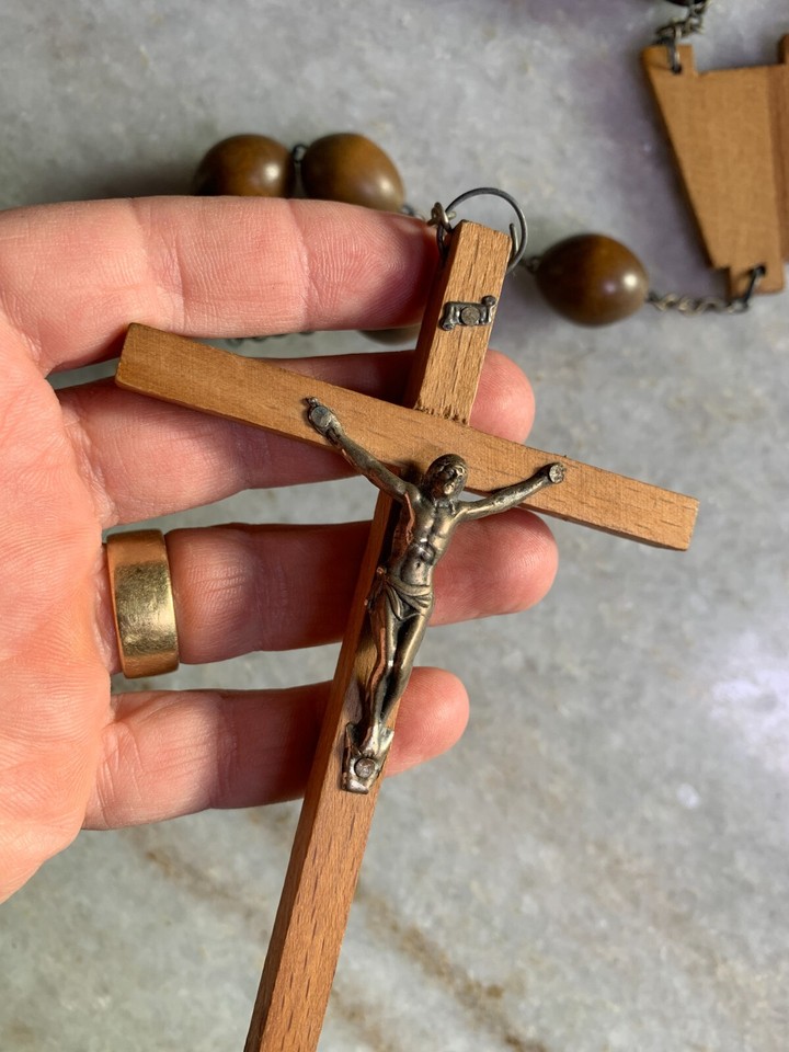 antique wood wooden priest monk beads rosary necklace long large cross ...