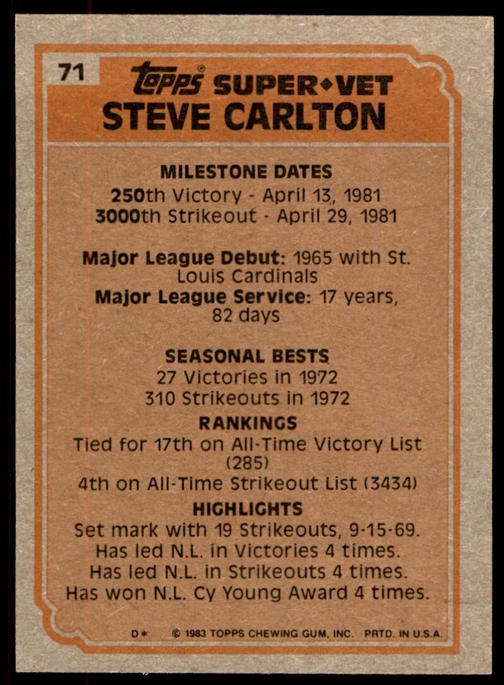 1983 Topps Steve Carlton #71 St. Louis Cardinals/Philadelphia Phillies ...