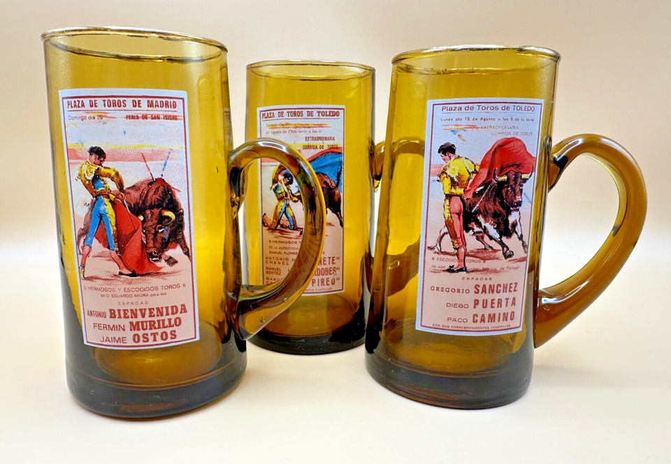 3 x Spanish Amber Glass Tankard 13.5cm Bull Fighting Plaza De Toros De ...
