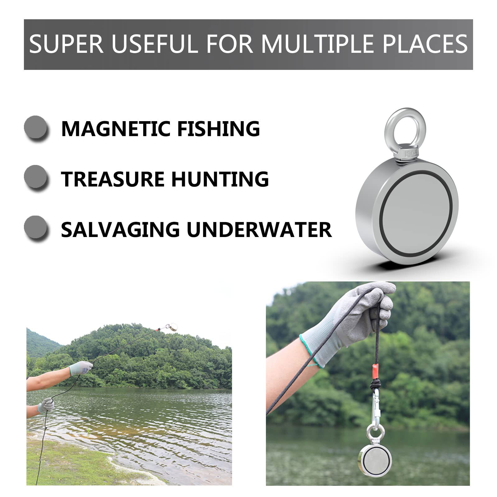 800LBS Double Sided Fishing Magnet Rope Kit Super Strong Neodymium ...