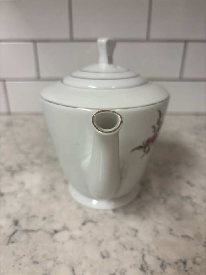 Vintage White porcelain teapot with pink floral decals and gold trim ...