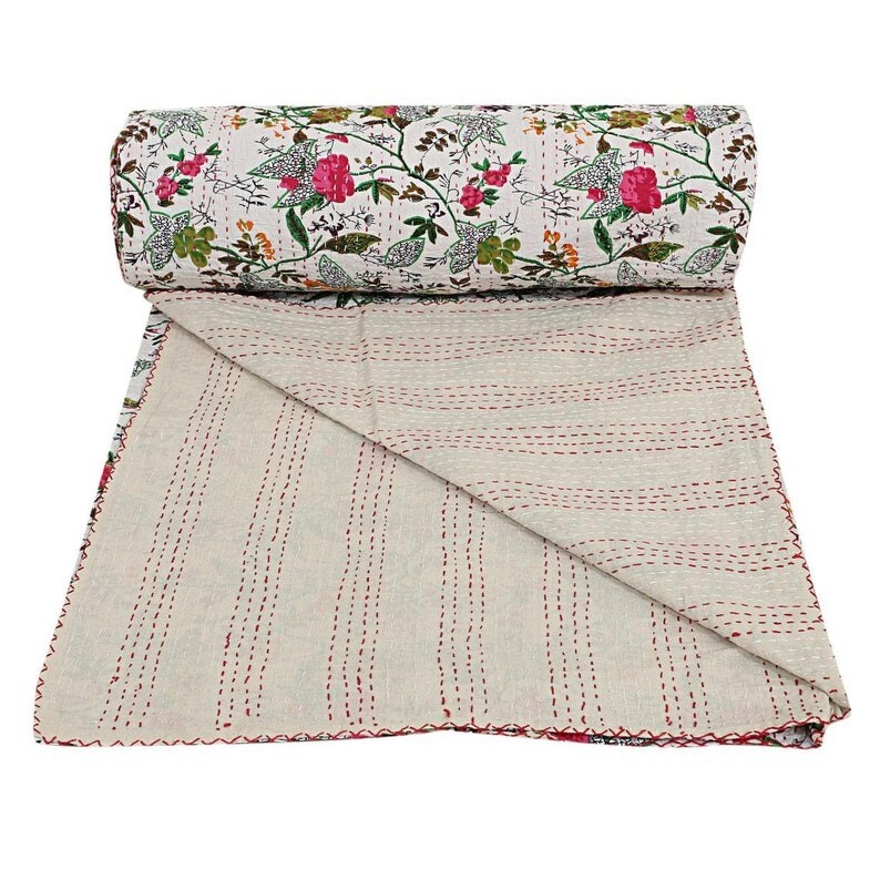 Indian Handmade Cotton King Kantha Quilt Floral Bedspreads Throw Ralli ...