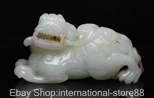 3.2" Old Chinese Hetian Jade Carving Dragon evil spirits Pixiu Beast ...
