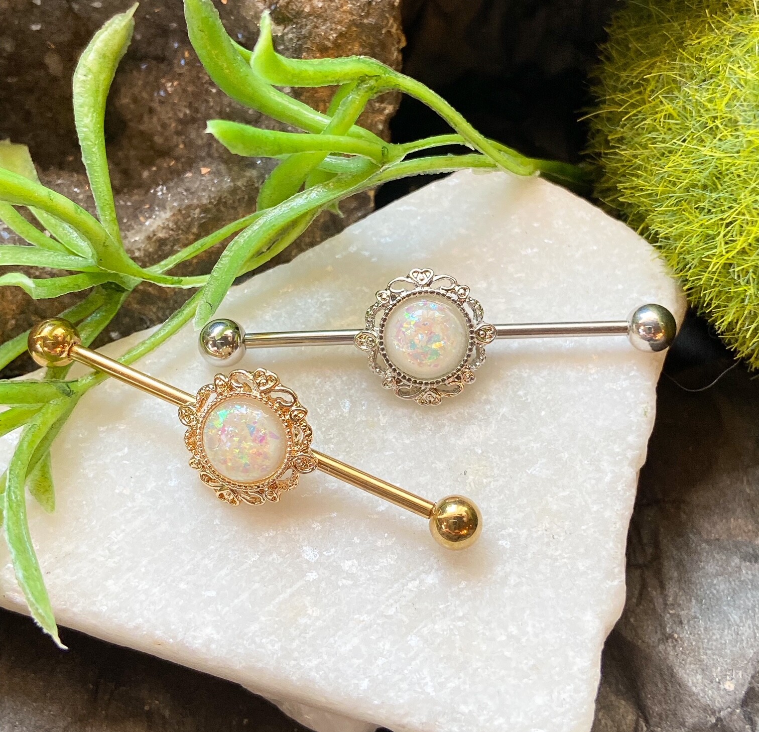 1pc Opal Glitter Lacey Filigree Edge Industrial Barbell - choose Steel ...