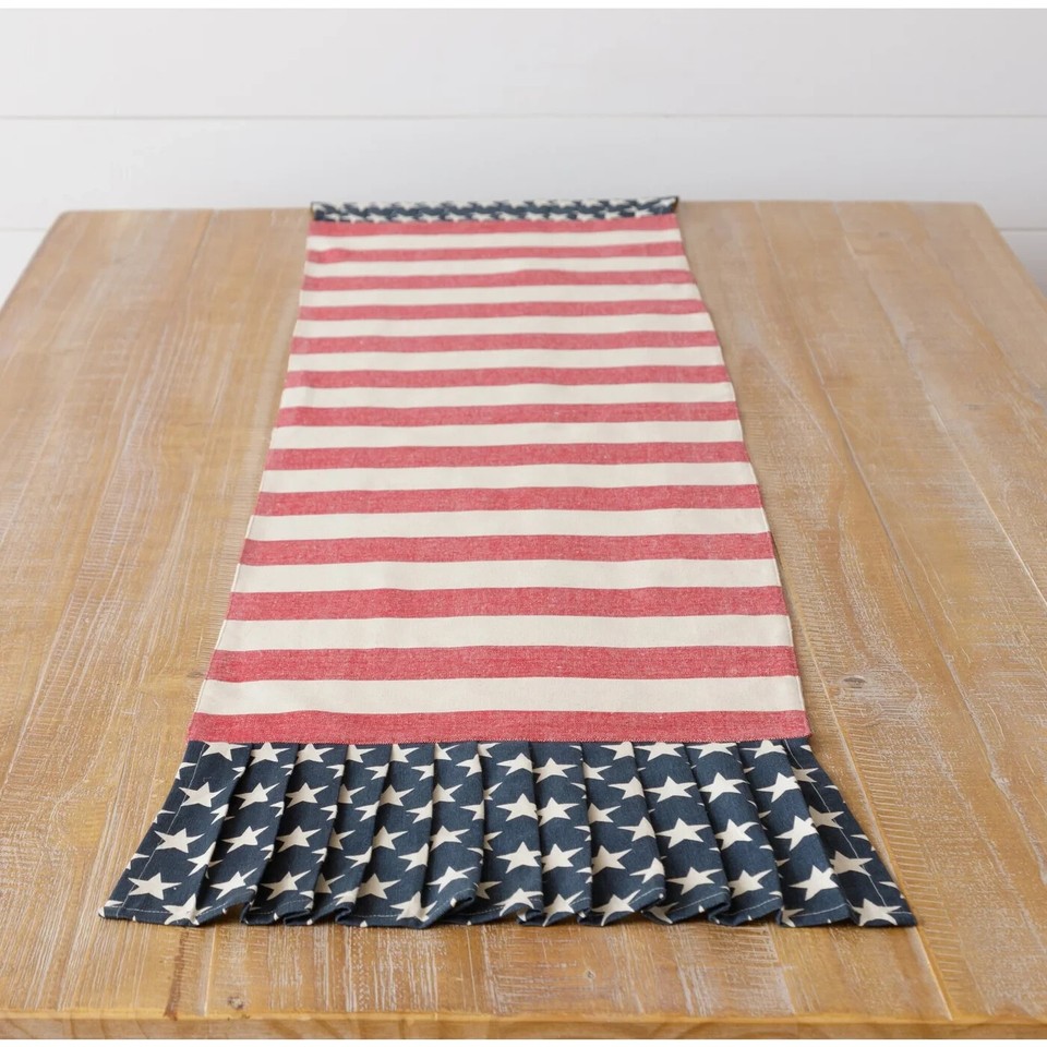 NEW Americana Table Runner Red White Blue Pleated Stars Stipes 14"x65 ...