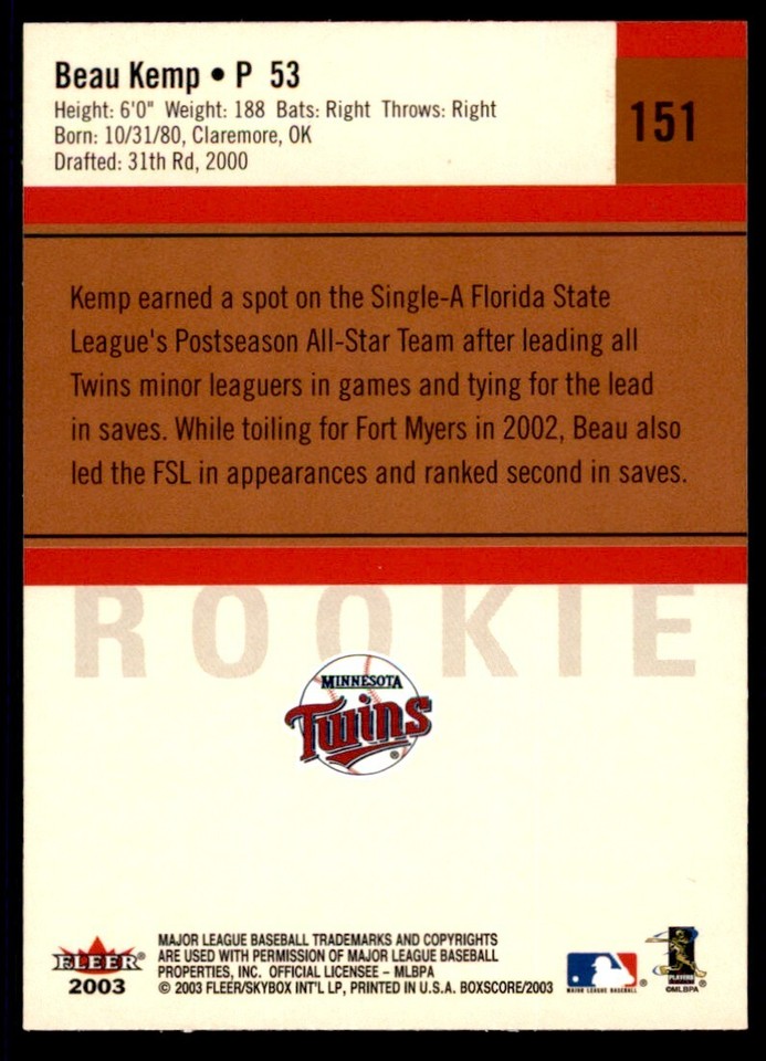 2003 Mint _ Fleer Box Score Beau Kemp Rookie Minnesota Twins #151 | eBay