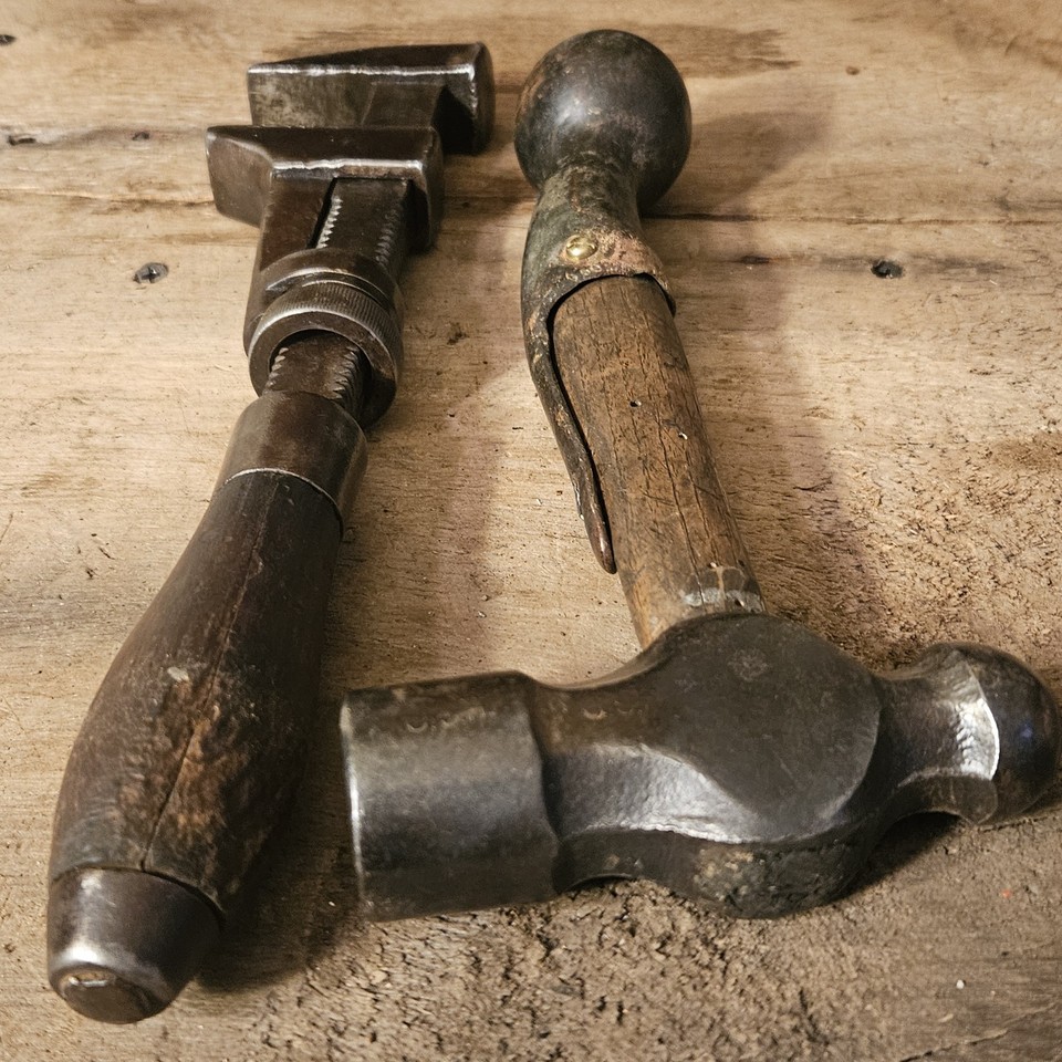 VINTAGE BLACKSMITH HAMMER & ADJUSTABLE MONKEY WRENCH TOOL LOT - UNUSUAL ...
