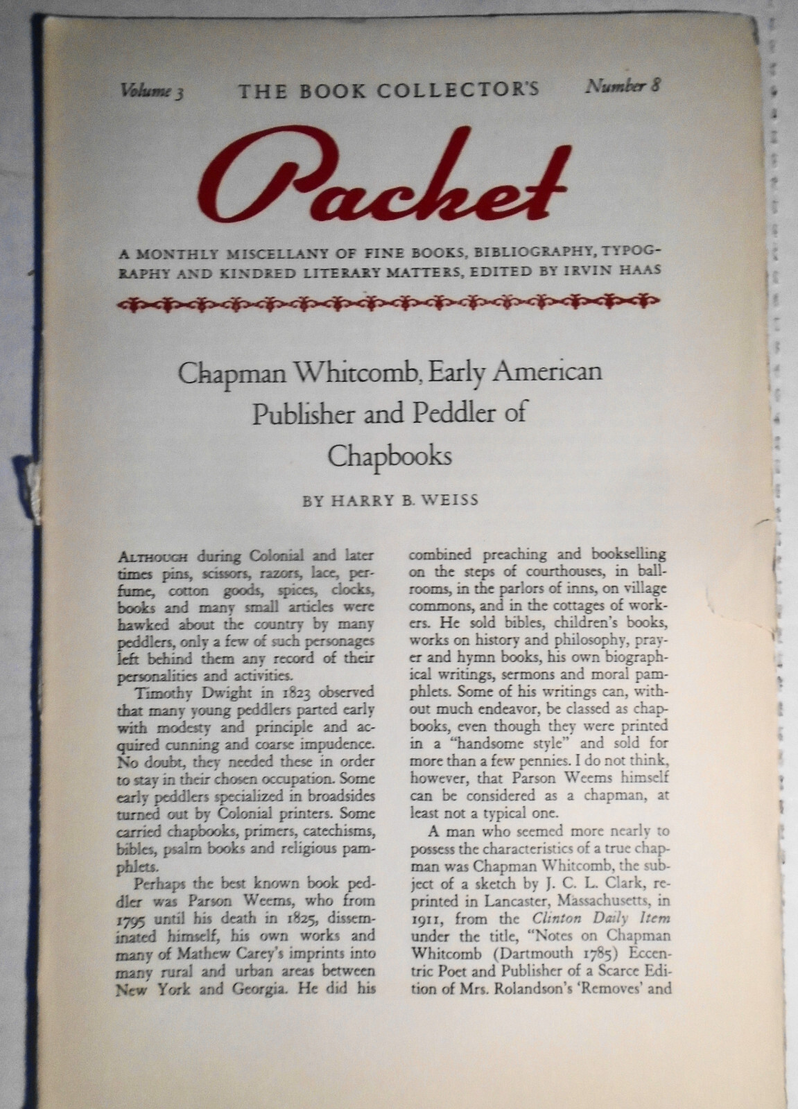Book Collector's Packet, April 1939 - Chapman Whitcomb... peddler of ...