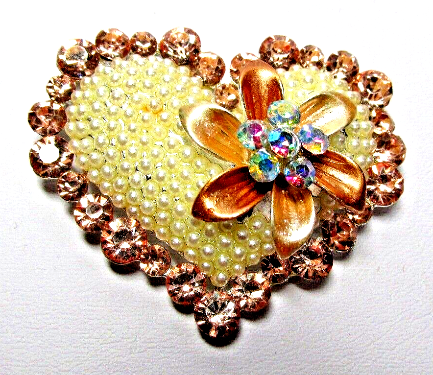 Women's Silver Tone Ivory Pearl & Pink Crystal Heart Pin Brooch - NWOT ...