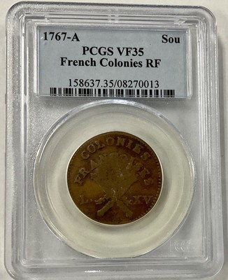 1767-A Copper Sou French Colonies Colonial * PCGS VF35 "RF Counterstamp ...