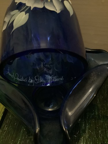 Fenton COBALT & Floral Fairy Lamp Signed By Stacy Williams And George W ...