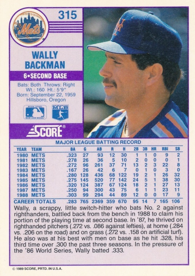 Wally Backman Signed 1989 Score Baseball Card Autographed New York Mets ...