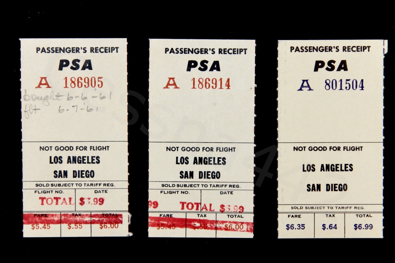 PSA Vintage Passenger Receipt Ticket Stub Lot of 3 Pacific Southwest ...
