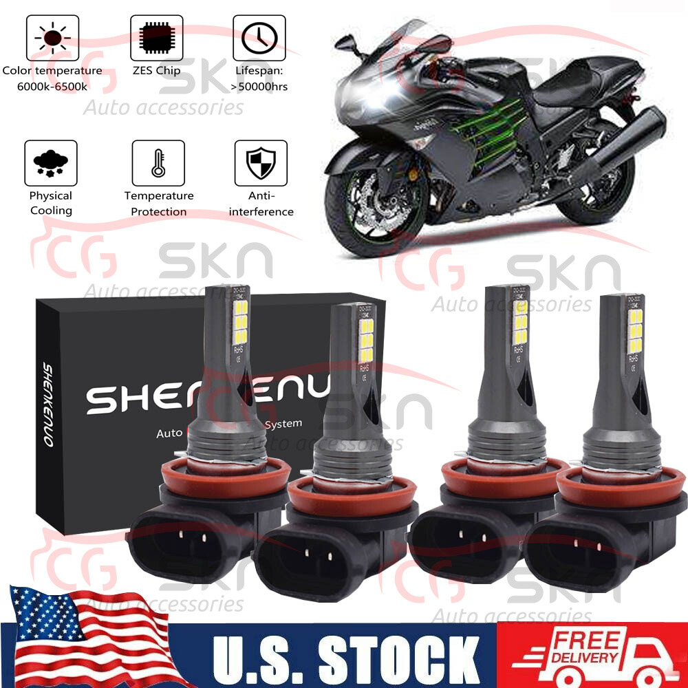 4x H11 LED Headlight Bulbs For Kawasaki ZX14R 2012-2015 2016 2017 2018 ...