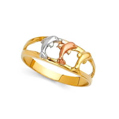 GOLD - 14K Tri Color Gold Fancy Dolphin Lucky Ring | eBay