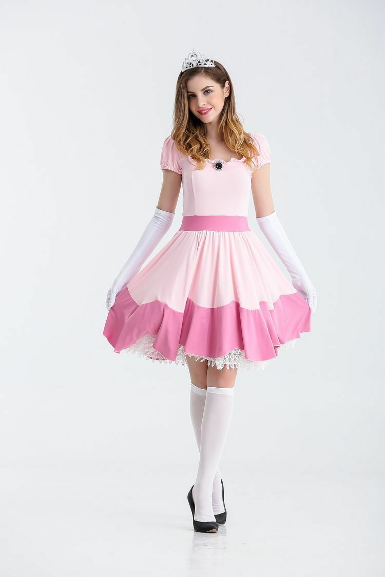 Womens Cute Pink Princess Peach Halloween Costume Cosplay Dress SIZE M ...