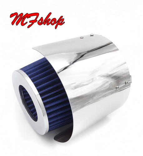BLUE 3" 76mm Cold Air Intake Cone Filter Universal Fit + Chrome Heat ...