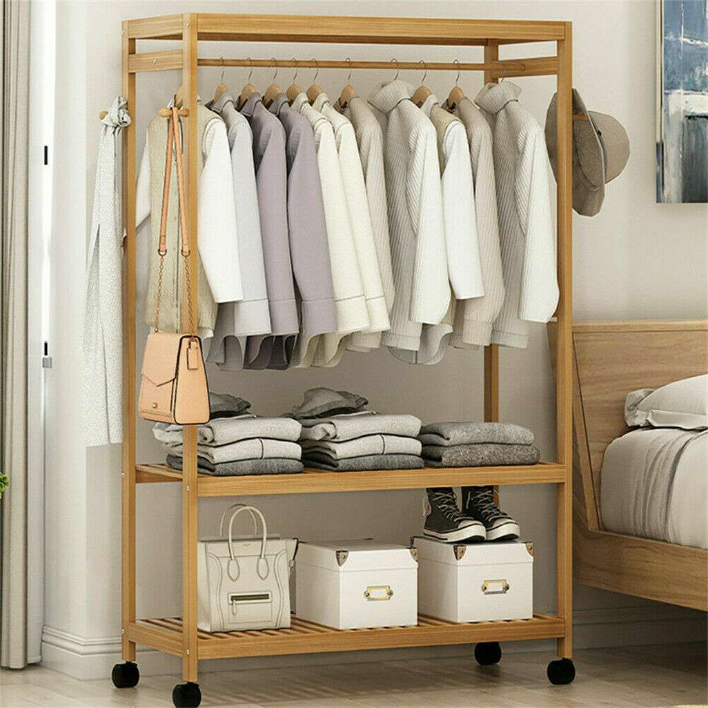 3 Tier Clothes Rack Heavy Duty Wood Garment Shelves Rolling Wheels Side ...