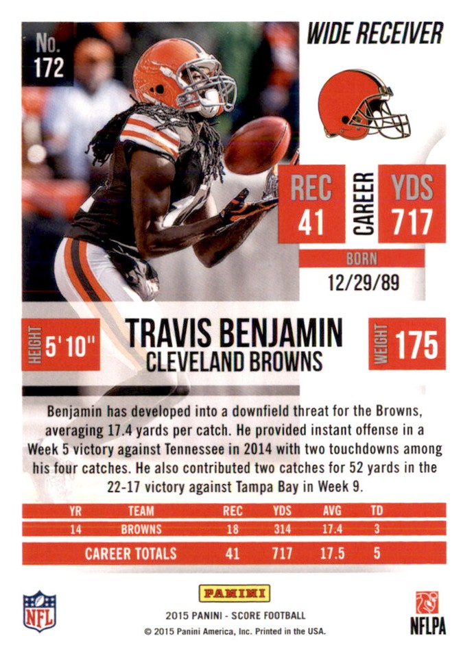 2015 Score Travis Benjamin NFL PWE Base Card Browns #172 | eBay